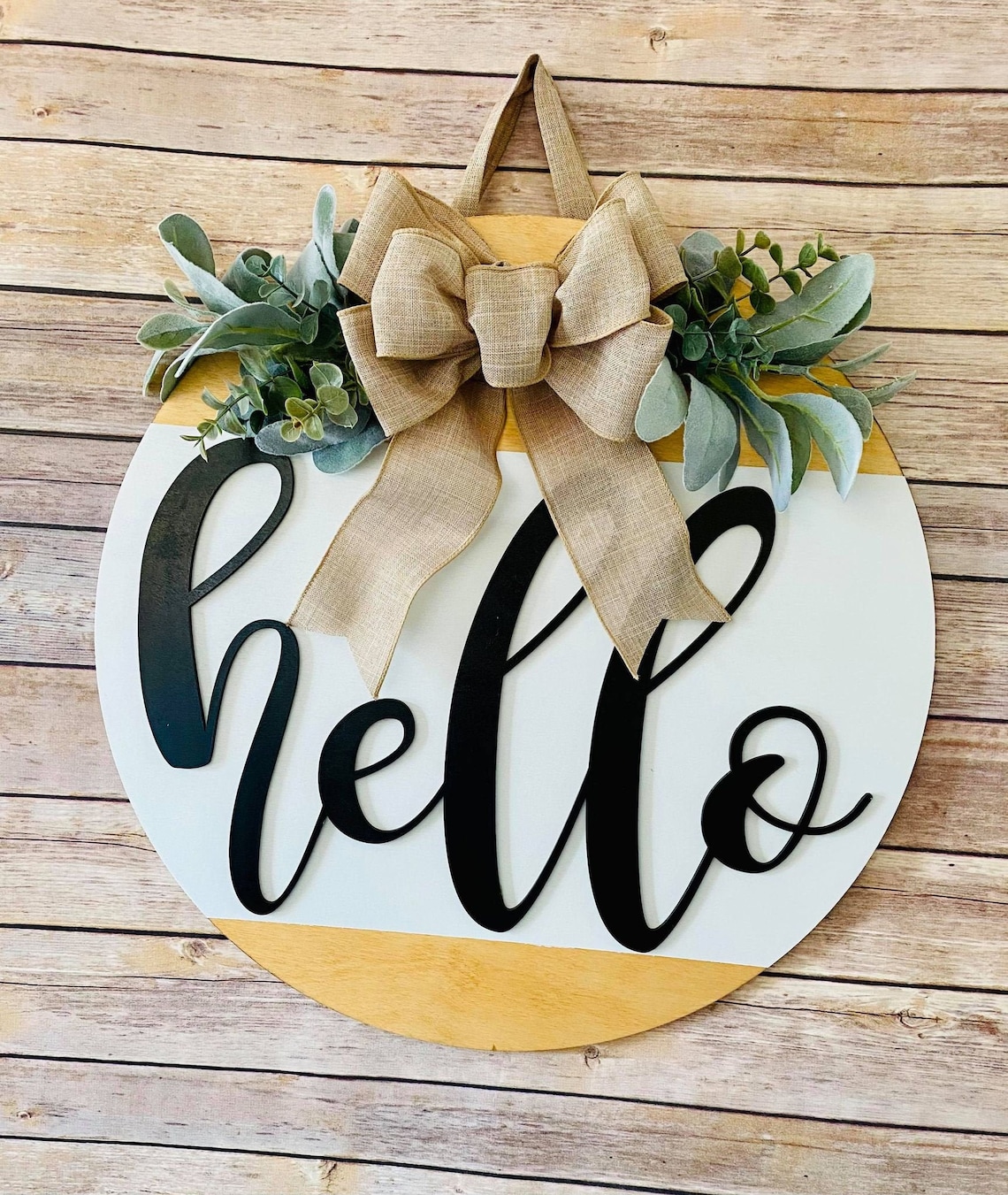 Wooden 3D Wreath HELLO Sign Burlap Ribbon Door Hanger Wood - Etsy