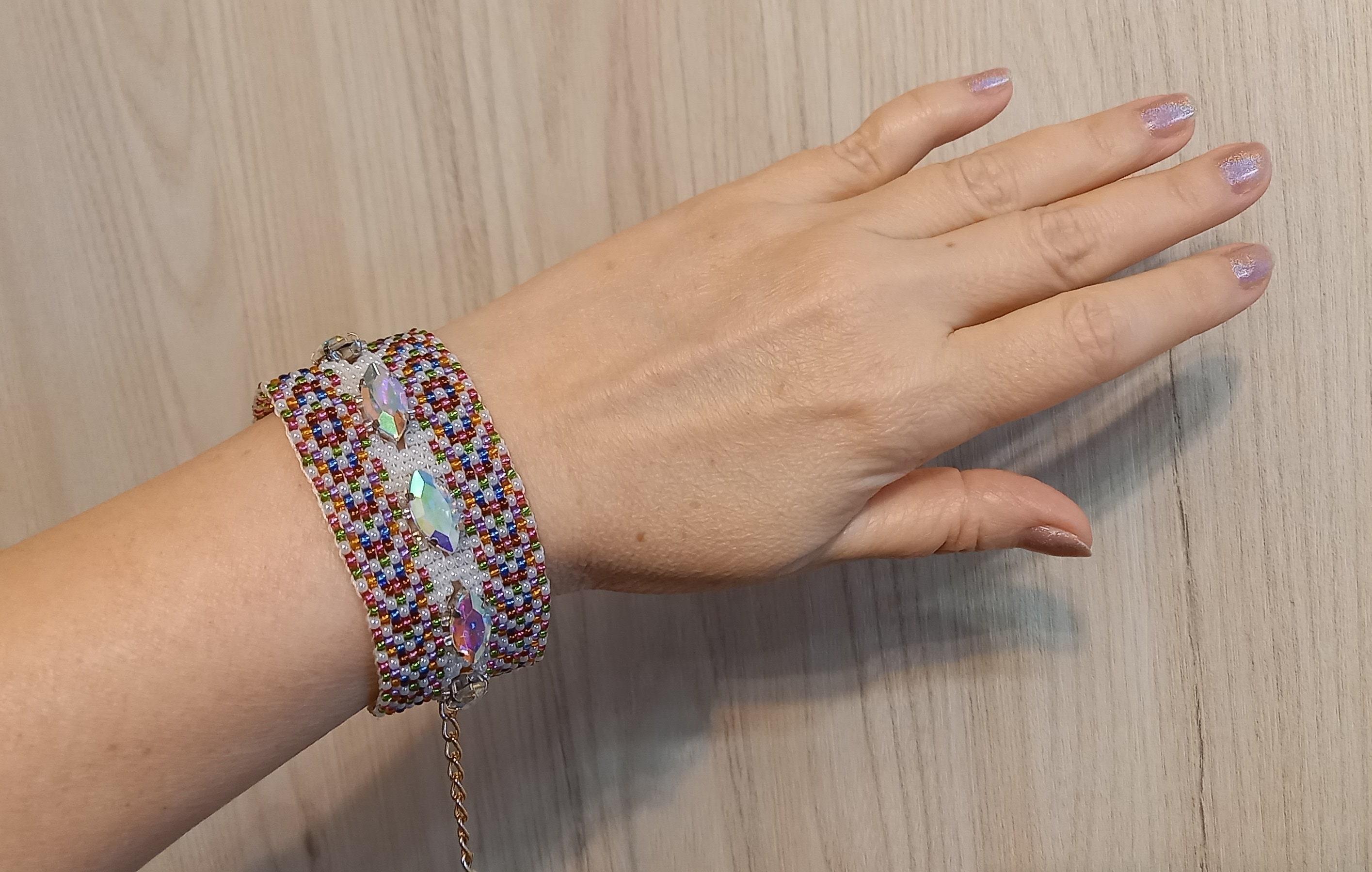 Multi-colored Bracelet of Czech Beads and Rhinestones, Handmade, Gift ...