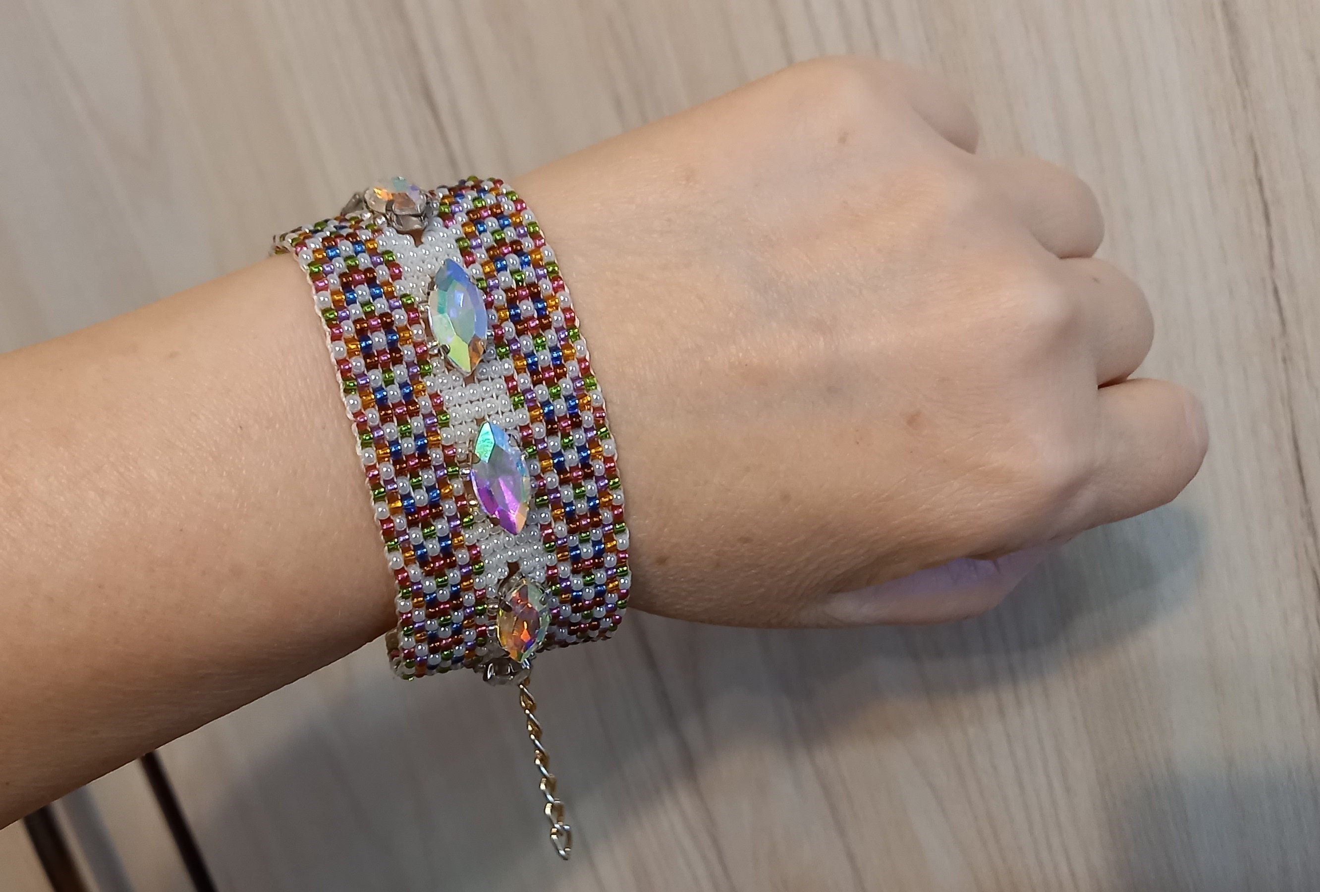 Multi-colored Bracelet of Czech Beads and Rhinestones, Handmade, Gift ...