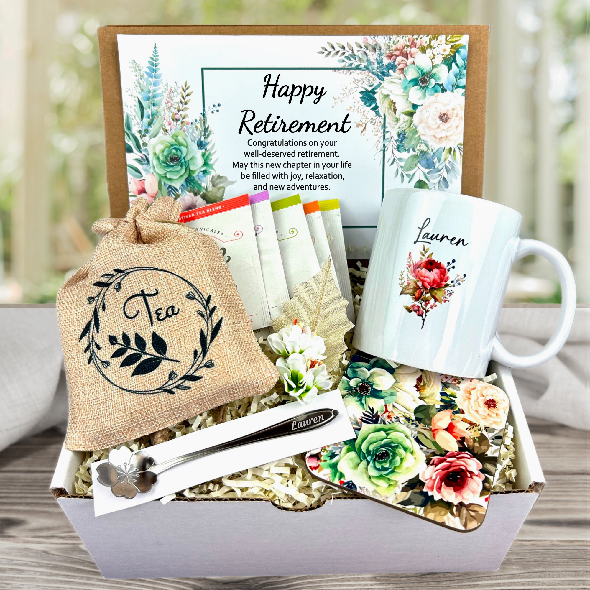 Personalized Retirement Gift Set: Engraved Mug, Spoon & Tea Sampler - Etsy