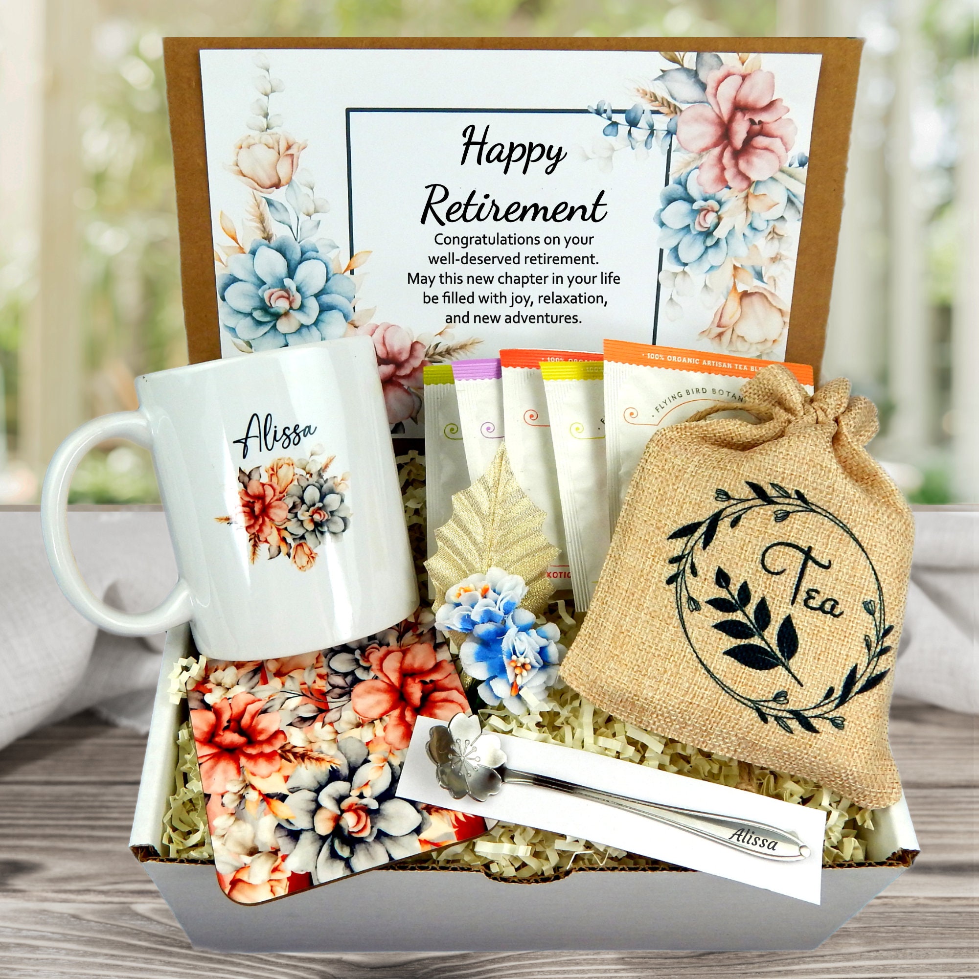 Personalized Retirement Gift Set: Engraved Mug, Spoon & Tea Sampler - Etsy