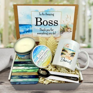 Personalized Boss Gift Basket: Mug, Candle & Engraved Spoon - Etsy