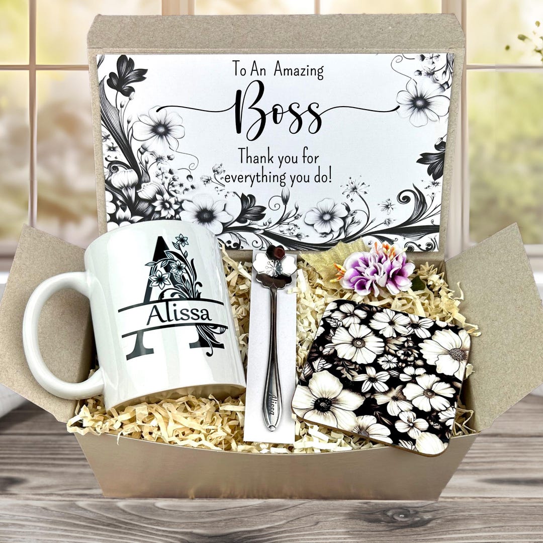 Personalized Boss Gift Set: Custom Mug, Engraved Spoon & Coaster ...