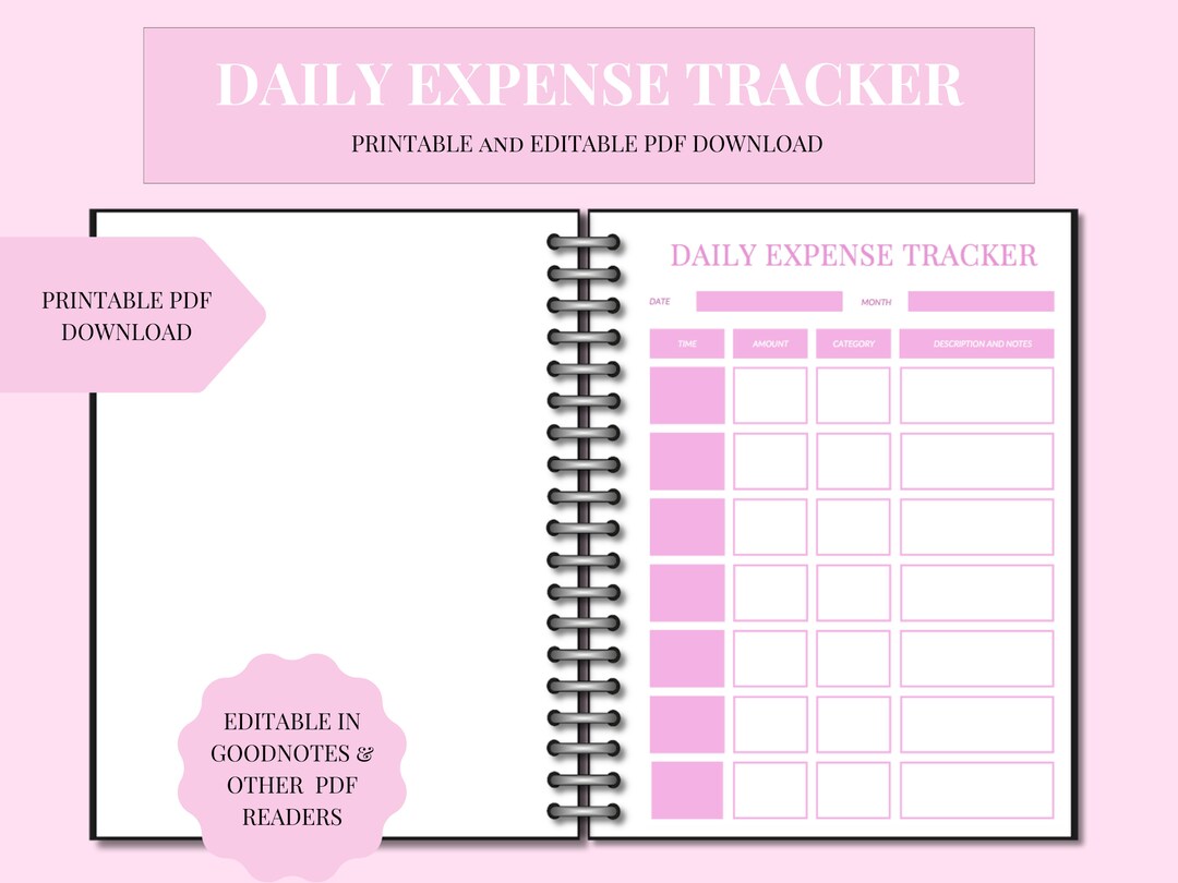 Daily Expense Simple Pink Tracker Keeper Log Organizer Digital PDF File ...