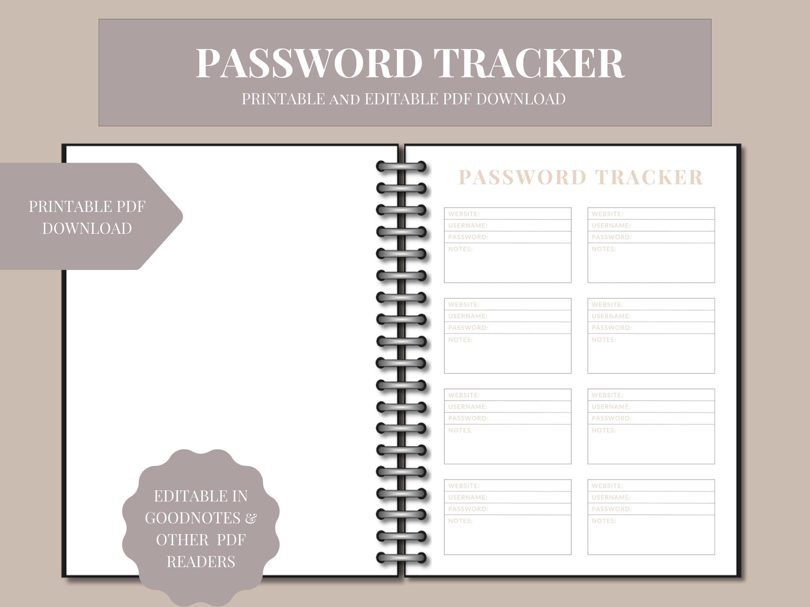 Simple Beige Password Tracker Keeper Log Organizer Digital Pdf Etsy