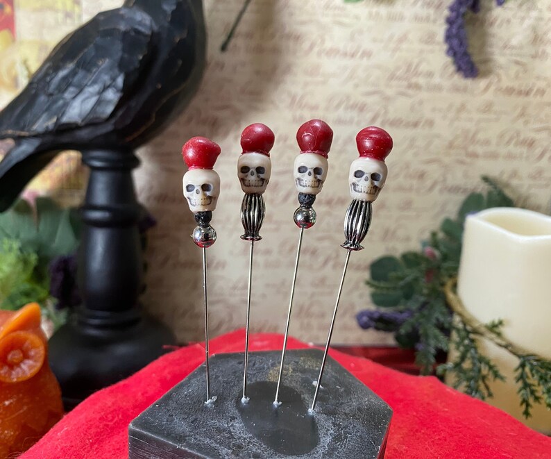 White Skulls Poppet Pins With Red Beeswax Dipped Head Set - Etsy