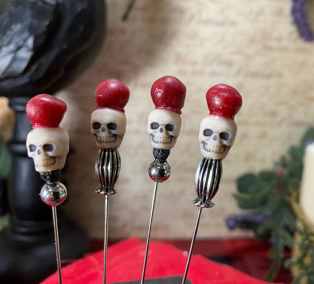 White Skulls, Poppet Pins With Red Beeswax Dipped Head Set of 4 Voodoo ...