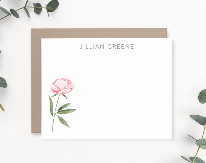 Peony Personalized Stationery Set, 10 Customized Flat Note Cards With ...