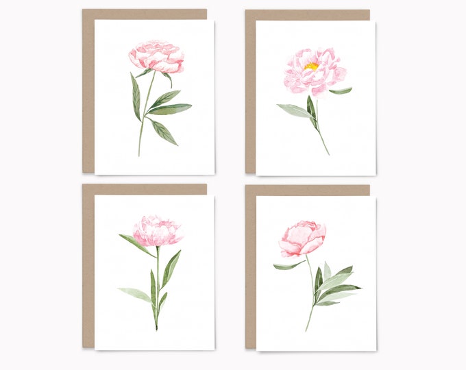 Set of 8 Watercolor Peony Flower Note Cards, Blank Recycled Greeting ...