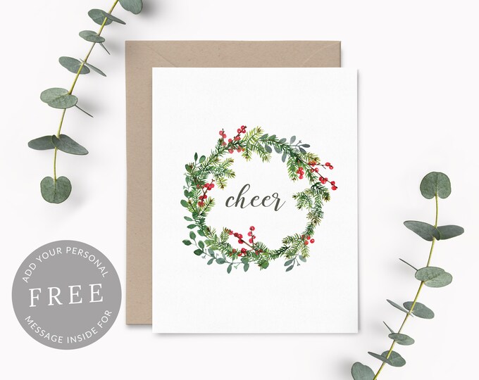 Cheer Wreath Christmas Cards, Set of 10 Watercolor Holiday Cards ...