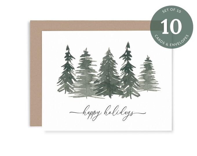 Happy Holidays Watercolor Pine Tree Cards, Set of 10 Eco-friendly ...