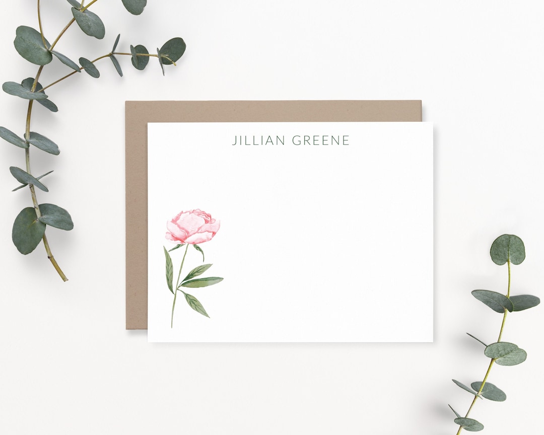 Peony Personalized Stationery Set, 10 Customized Flat Note Cards With ...