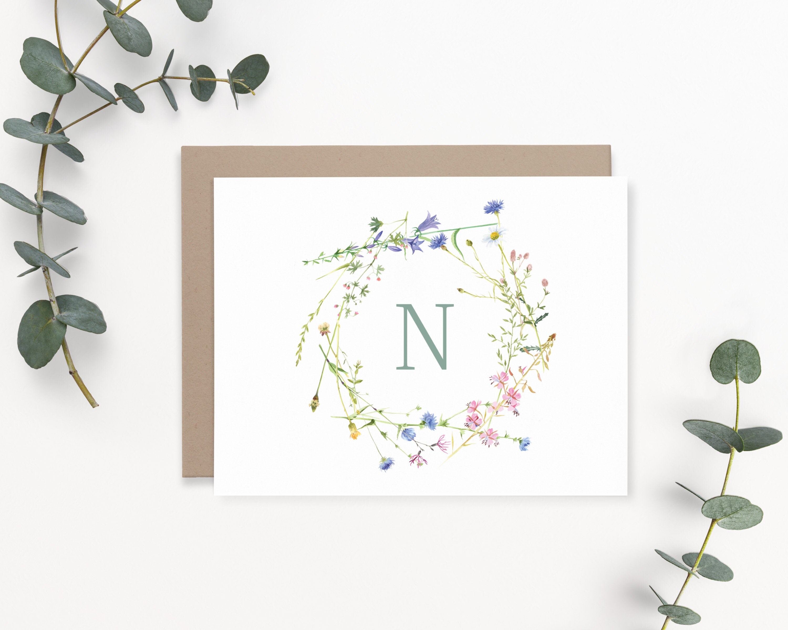 Wildflower Monogram Initial Note Cards Set of 8 Personalized - Etsy