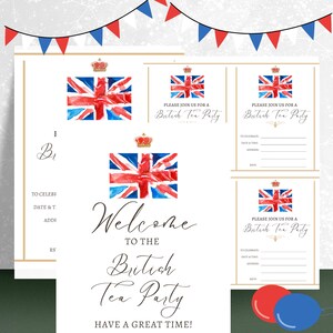 BRITISH Tea Party Supplies Printable Invitations Cupcake Cake Topper ...