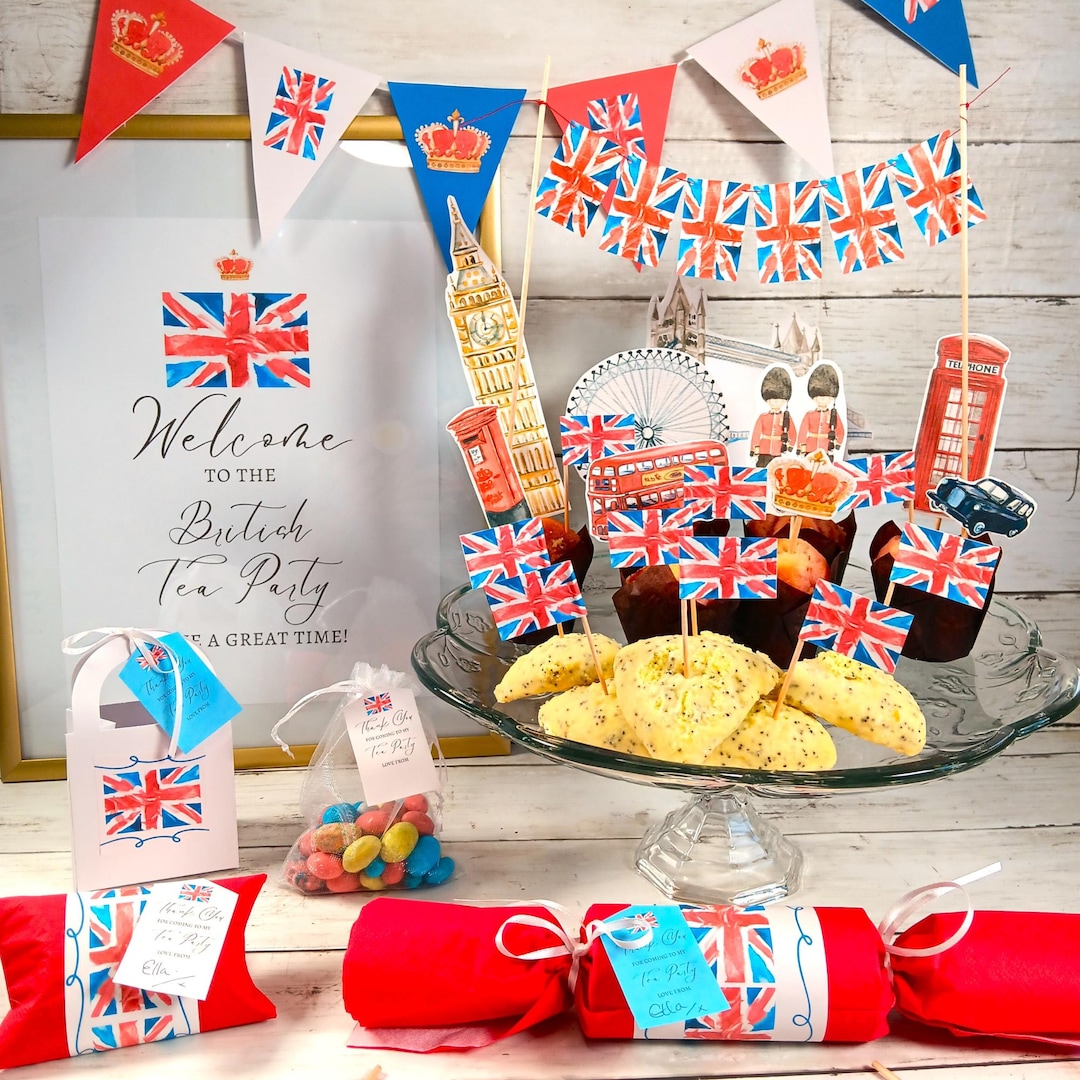 BRITISH Tea Party Supplies Printable Invitations Cupcake Cake Topper ...