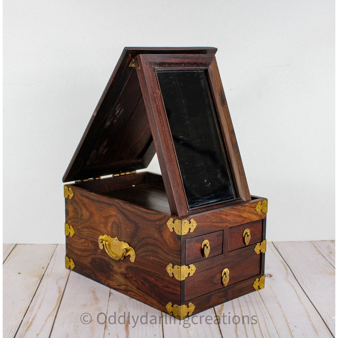 Vintage Chinese Pop-up Mirror Vanity Box Brass Accents, 3 Drawers ...