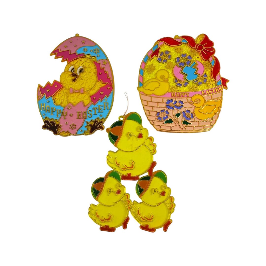 Vintage Easter Suncatcher Set Chick & Basket, Egg Stained Glass Style ...