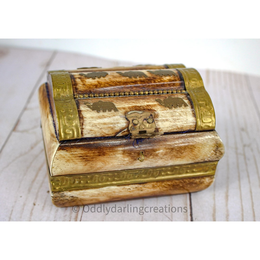 Vintage Camel Bone Brass Elephant Trinket Box India Jewelry Box Velvet ...