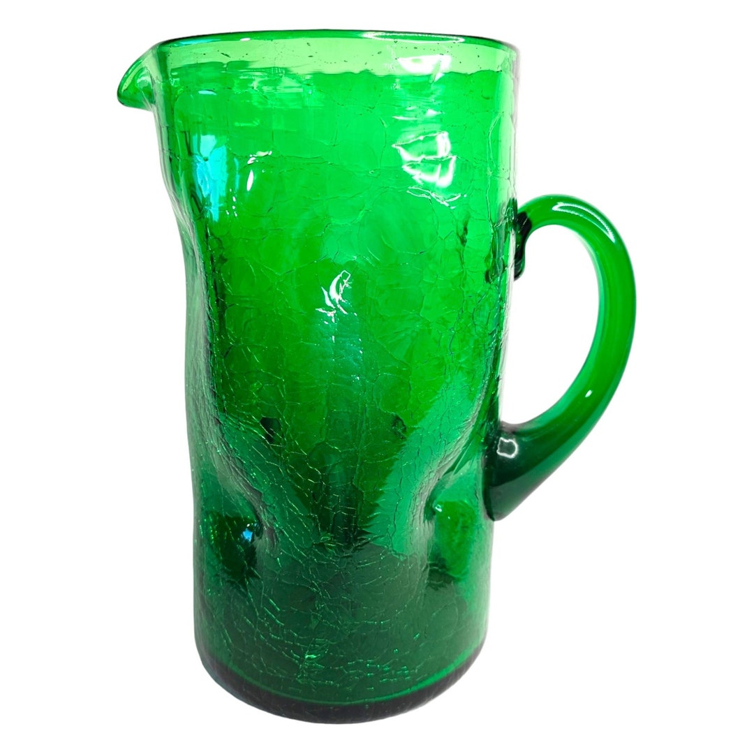 Blenko Glass Dimple Emerald Green Crackle Glass Pitcher Large MCM ...