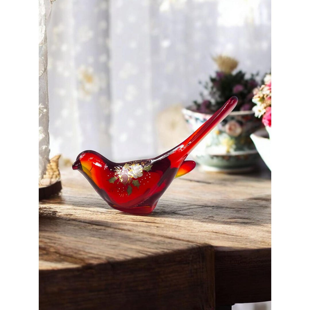 Fenton Art Glass Ruby Red Bird of Happiness Long Tail UV Cadnium Glow ...