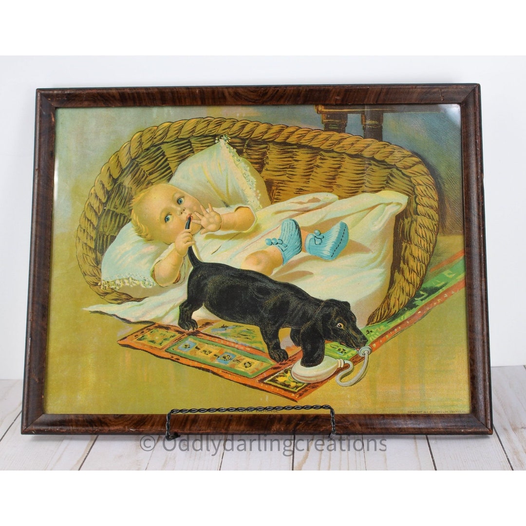 Vintage Lithograph Print - Baby & Dachshund Puppy, Copyright 1911 James ...