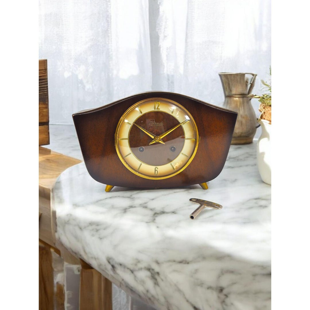 Stunning 1960s Hermle German Table Clock Teak Body, Glass Dial Bim Bam ...