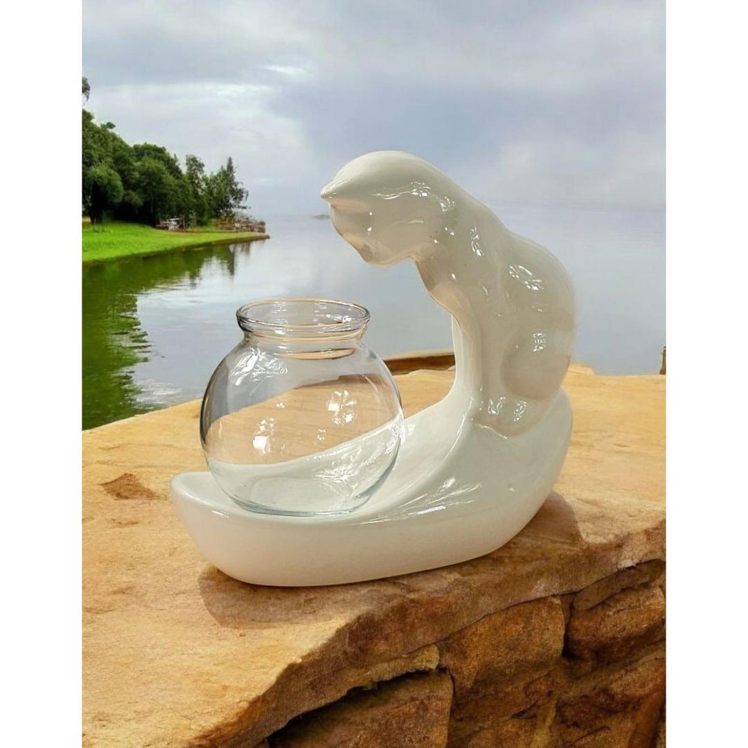 1989 Vandor Pelzman Design Ceramic White Cat Kitty Fish Bowl Holder 9 ...
