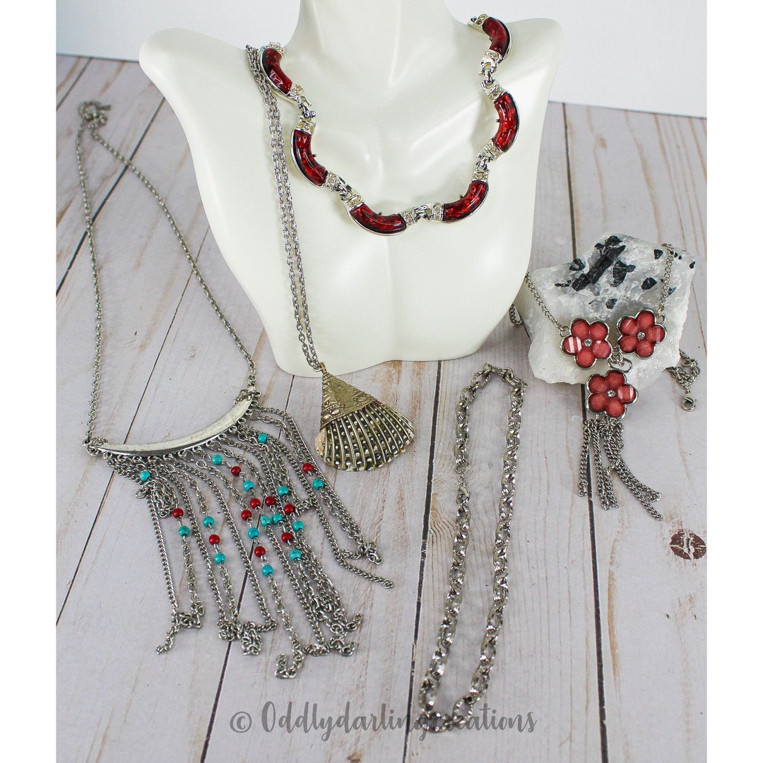 Vintage Jewelry Necklace Lot Multitier Red, Pink, Floral - Etsy