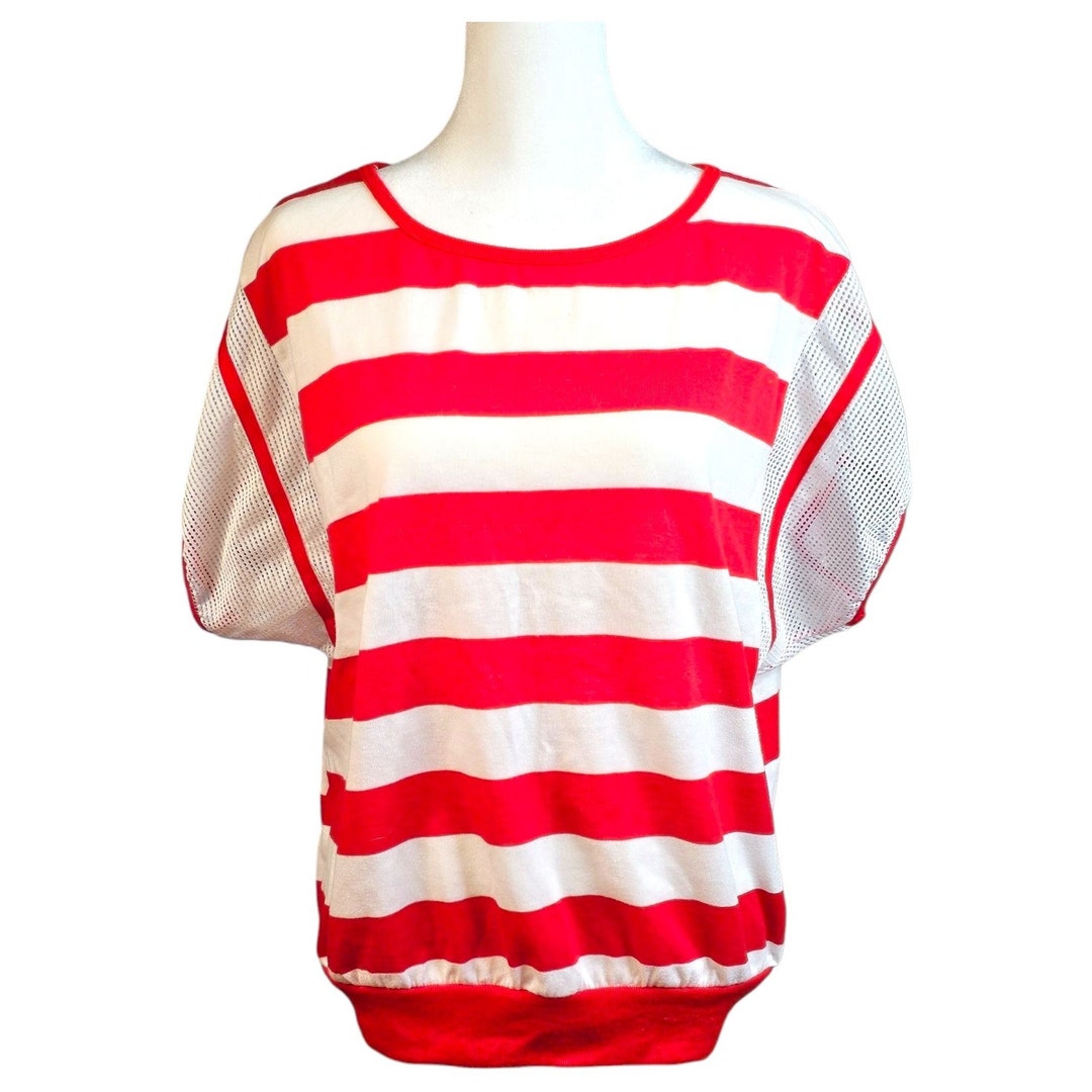 Vintage Carlton 80s Red and White Striped Women's Top Size M Mesh ...