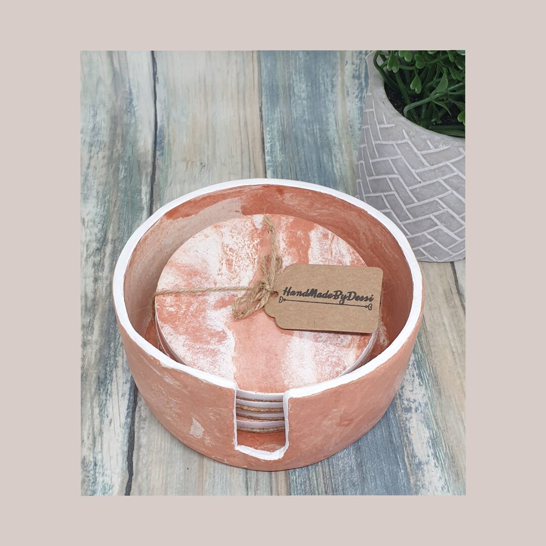 Handmade Terracotta Marble Coaster Set With Holder - Etsy