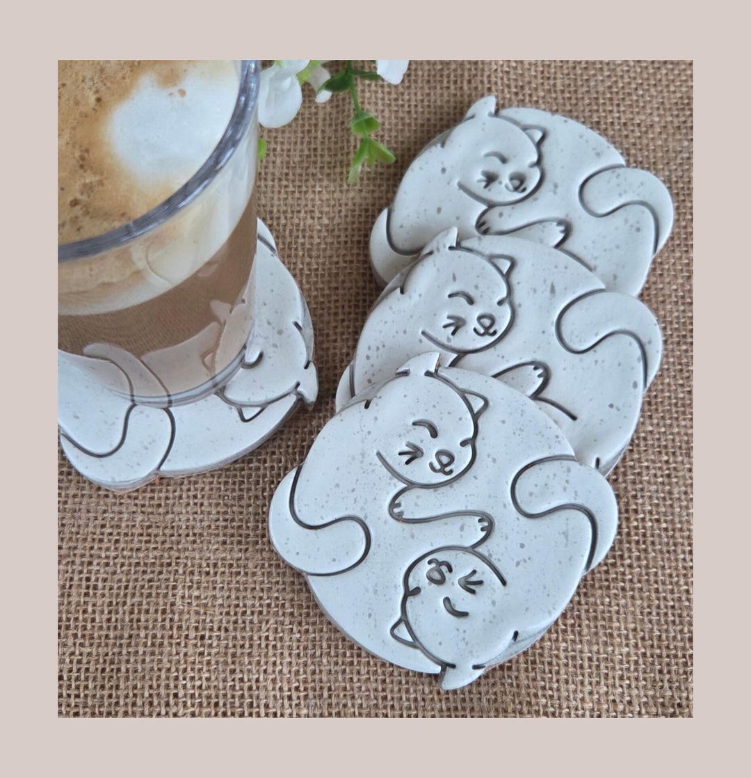 Handmade Clay Cat Coaster Set | Cat Lover Gift - Etsy