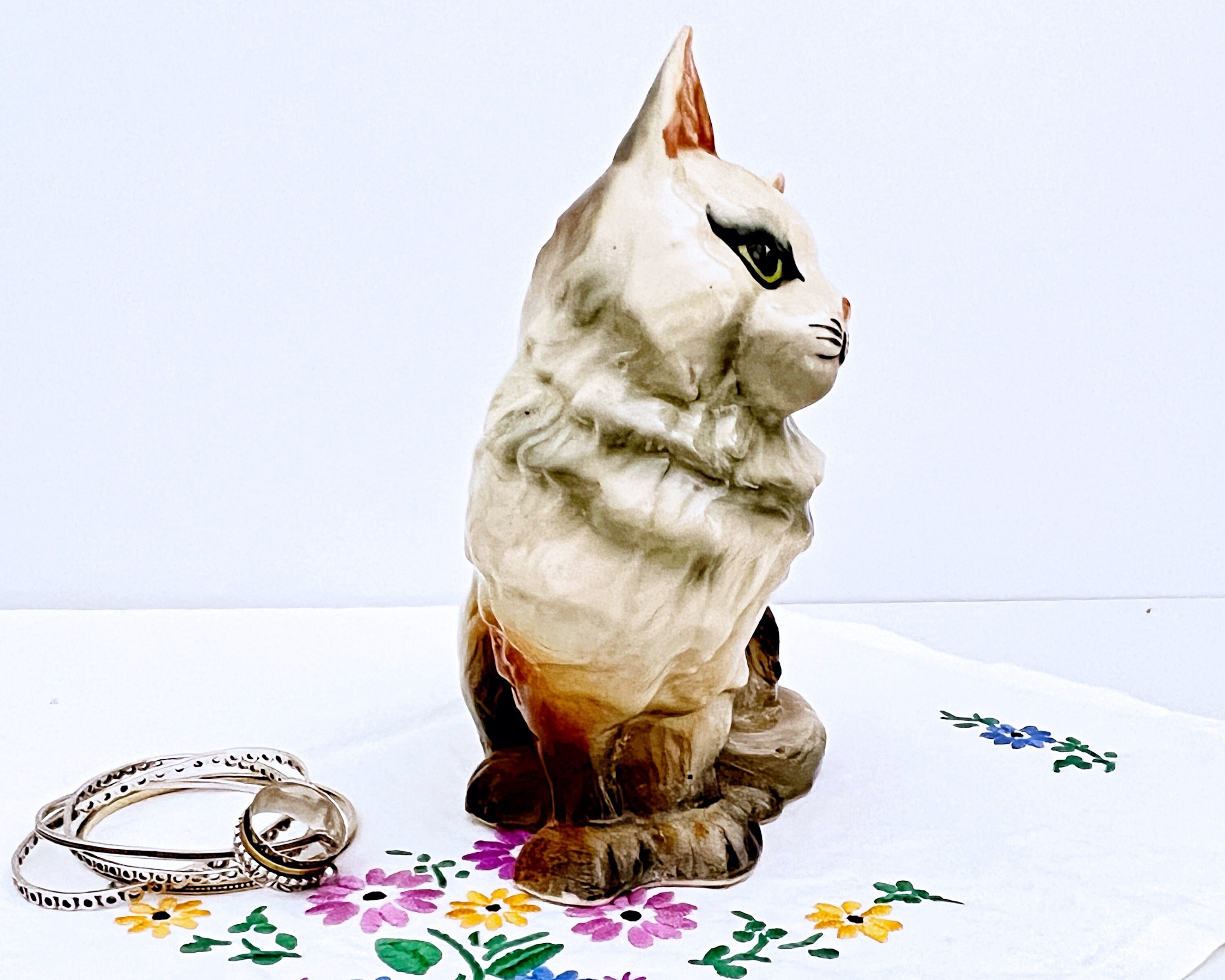 Vintage China Cat With Long Hair and Striking Geen Eyes a - Etsy