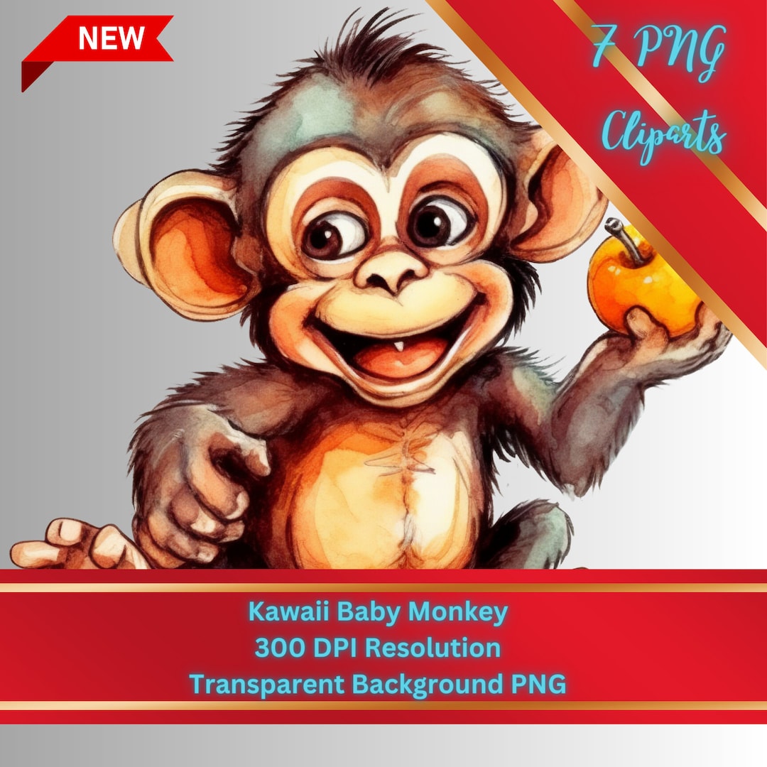 7pcs Kawaii Baby Monkey Clipart Set PNG Format Instant Download for ...