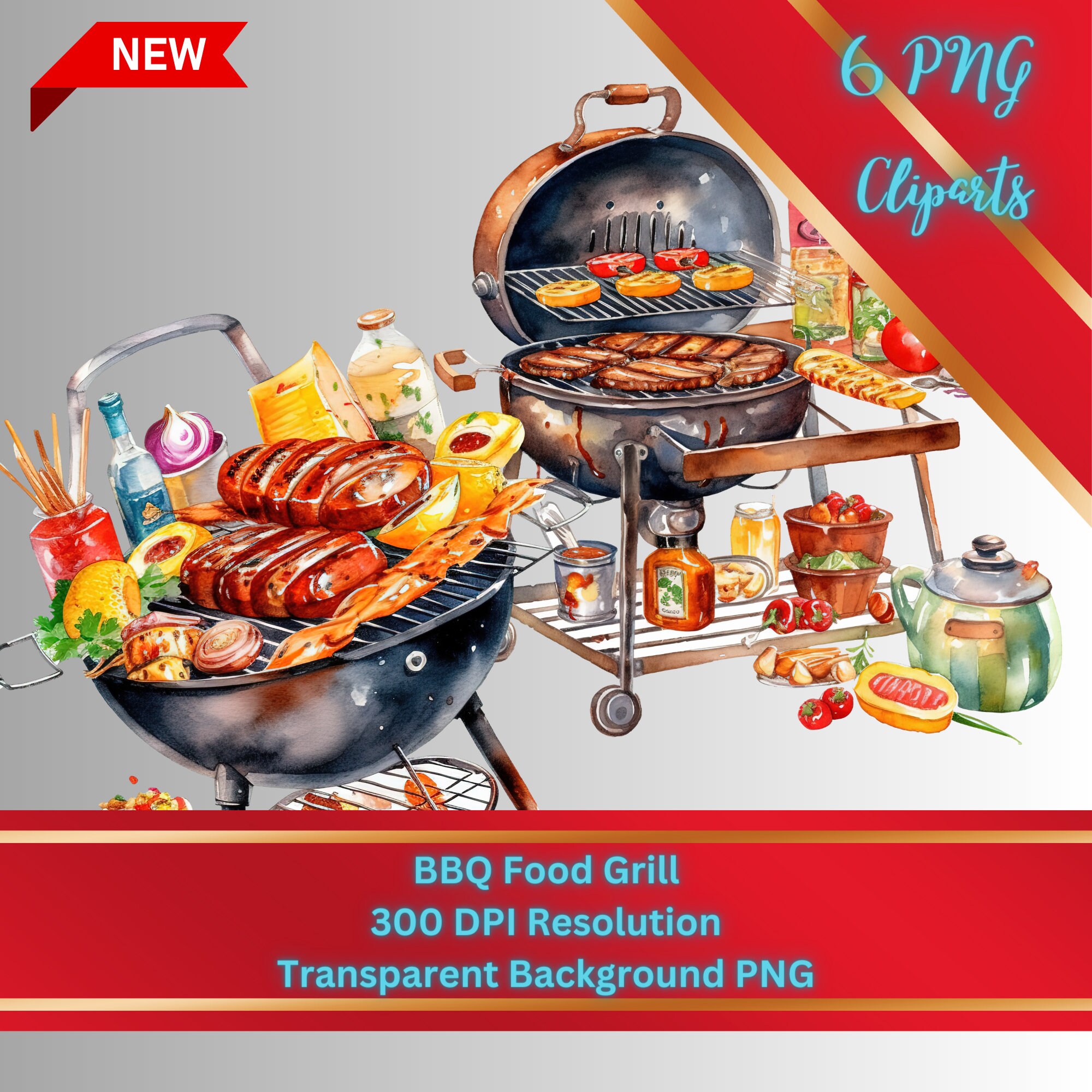 6pcs BBQ Food Grill Clipart Set PNG Format Instant Download for ...