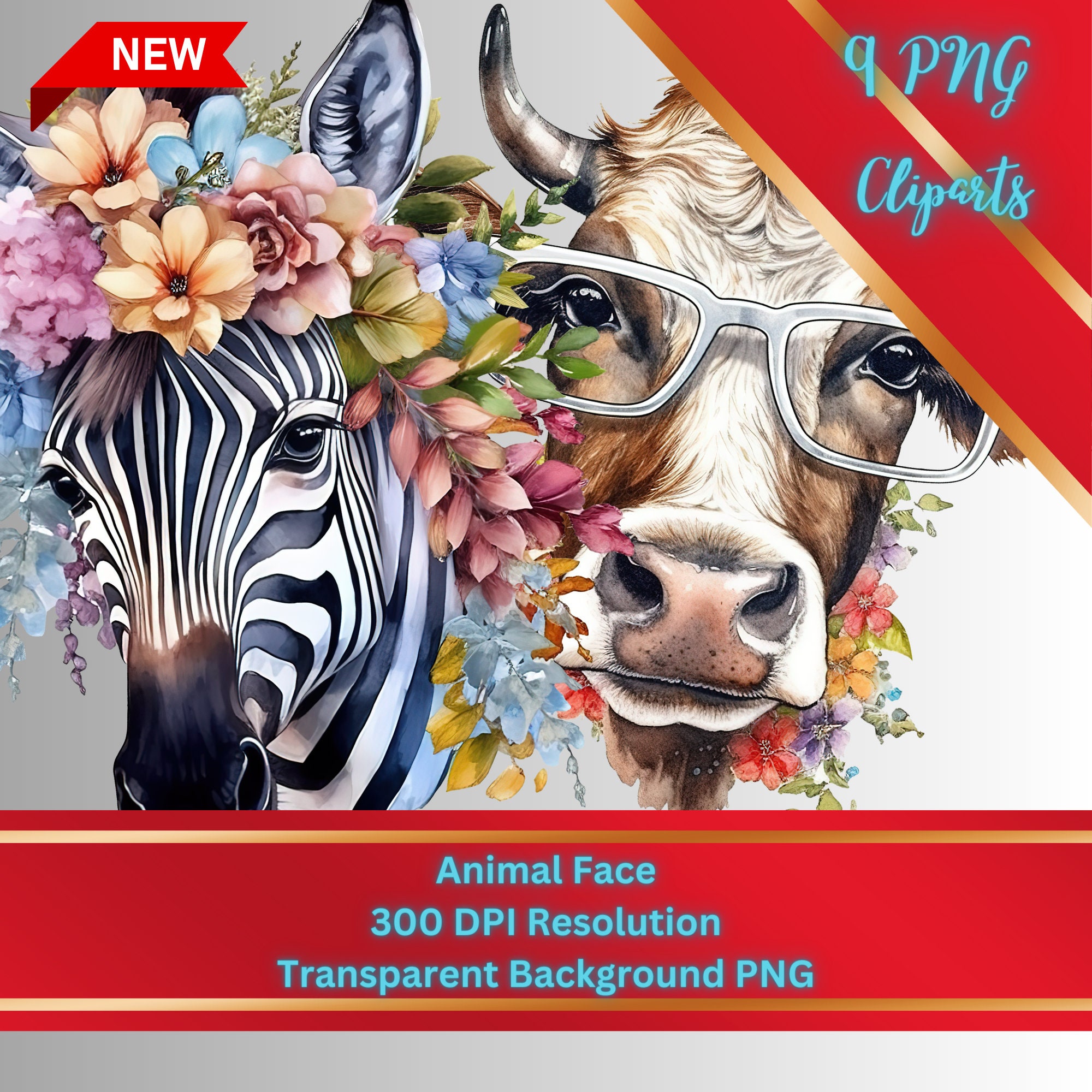 9pcs Animal Face Clipart Set PNG Format Instant Download for - Etsy
