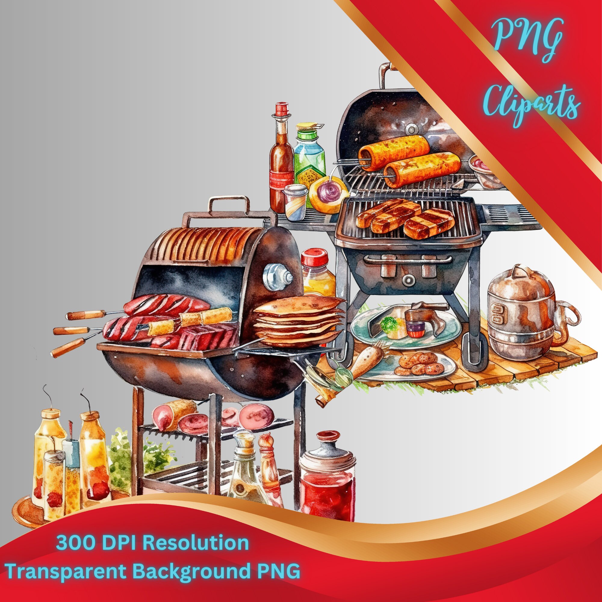 6pcs BBQ Food Grill Clipart Set PNG Format Instant Download for ...