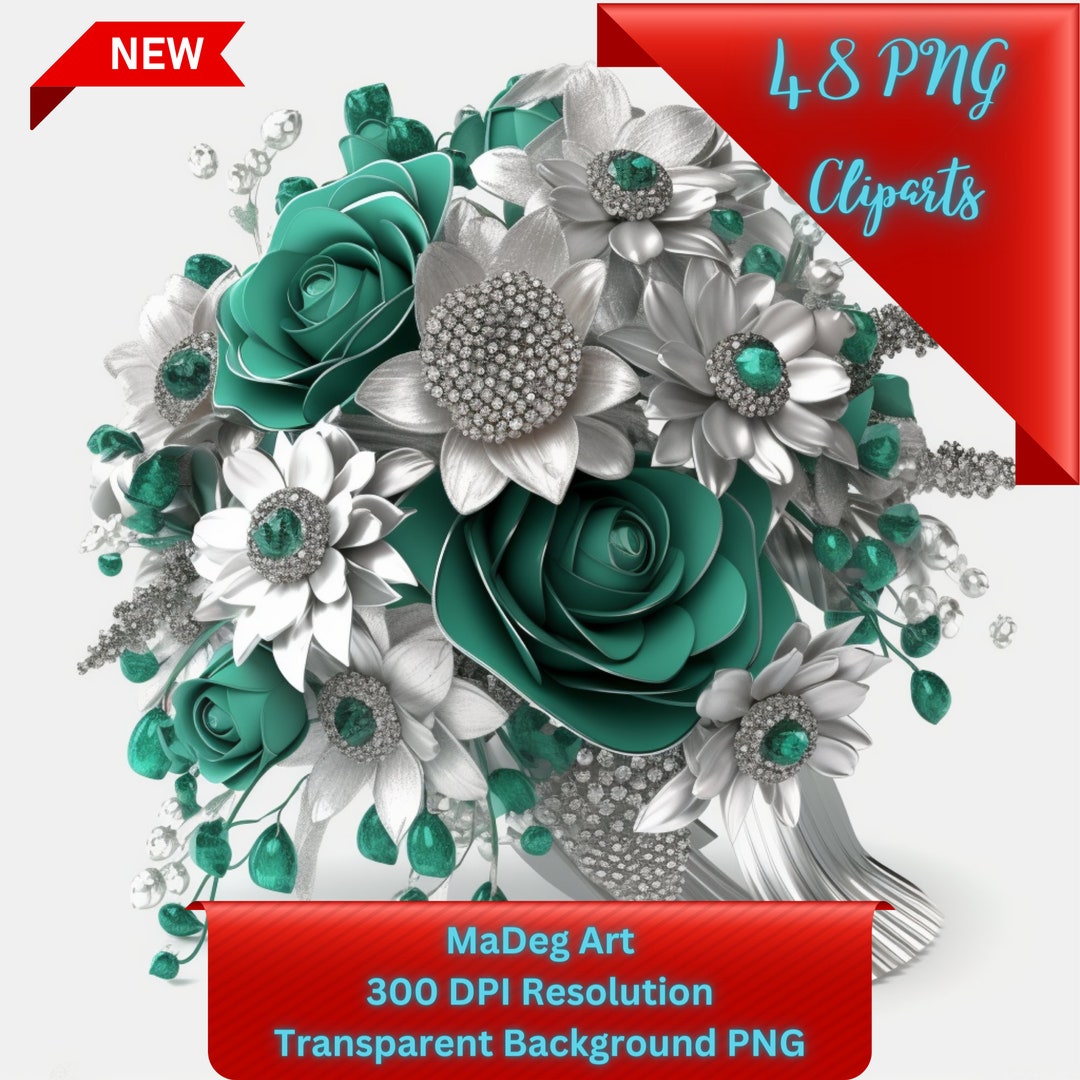 48pcs Emerald and Silver Floral Bouquets Clipart Set PNG Format Instant ...