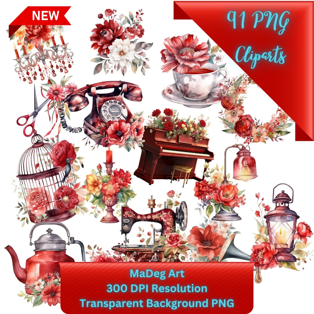 91pcs Watercolor Red Vintage Shabby Clipart Set PNG Format Instant ...