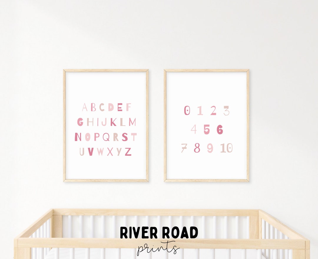 Alphabet Letters Numbers Nursery Wall Art Decor 2 Piece Set Pink ...