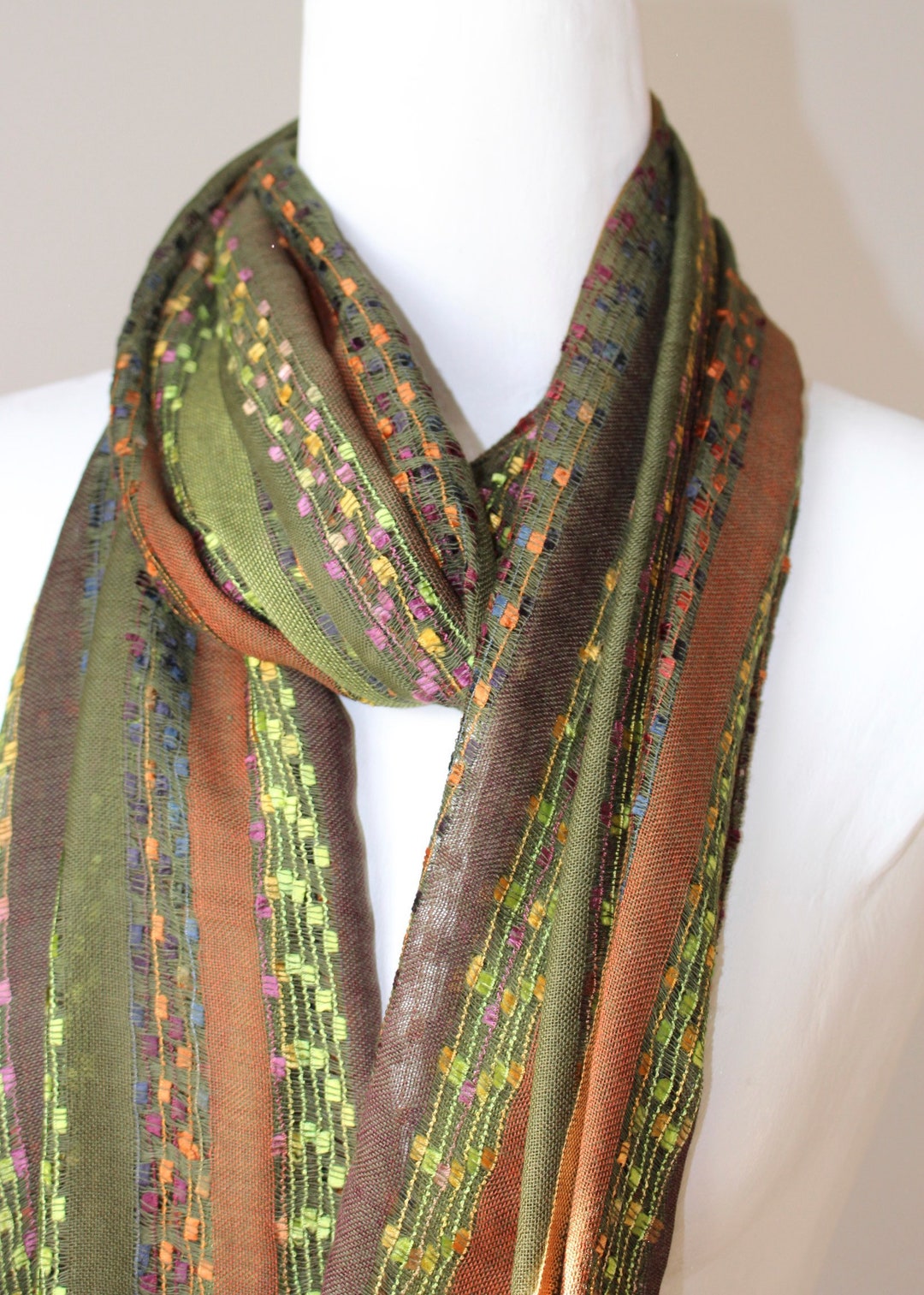 Autumn Olive Green and Browns Stripy Scarf, Fair Trade - Etsy UK