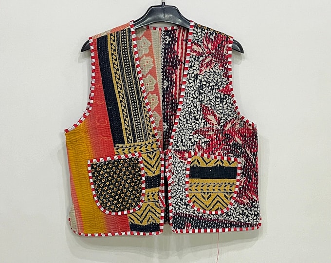 Cotton Kantha Vest Jacket, Unisex Kantha Waistcoat With Pockets ...