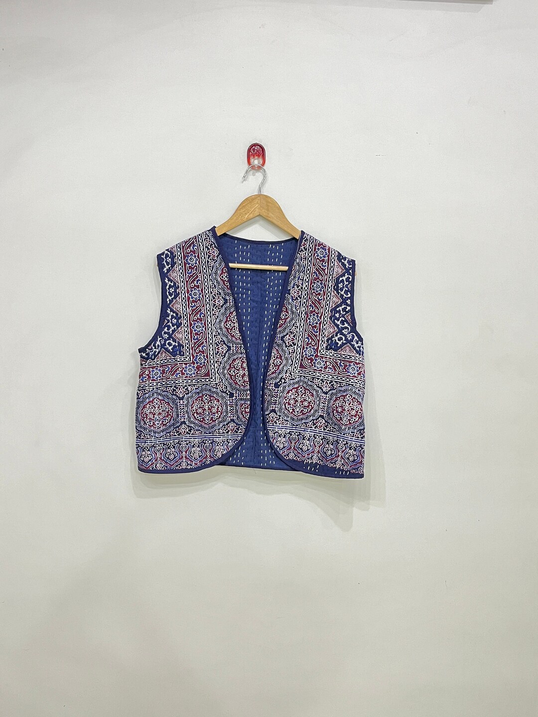 Women's Ajrakh Printed Cotton Kantha Vest, Women Kantha Waist Coat ...