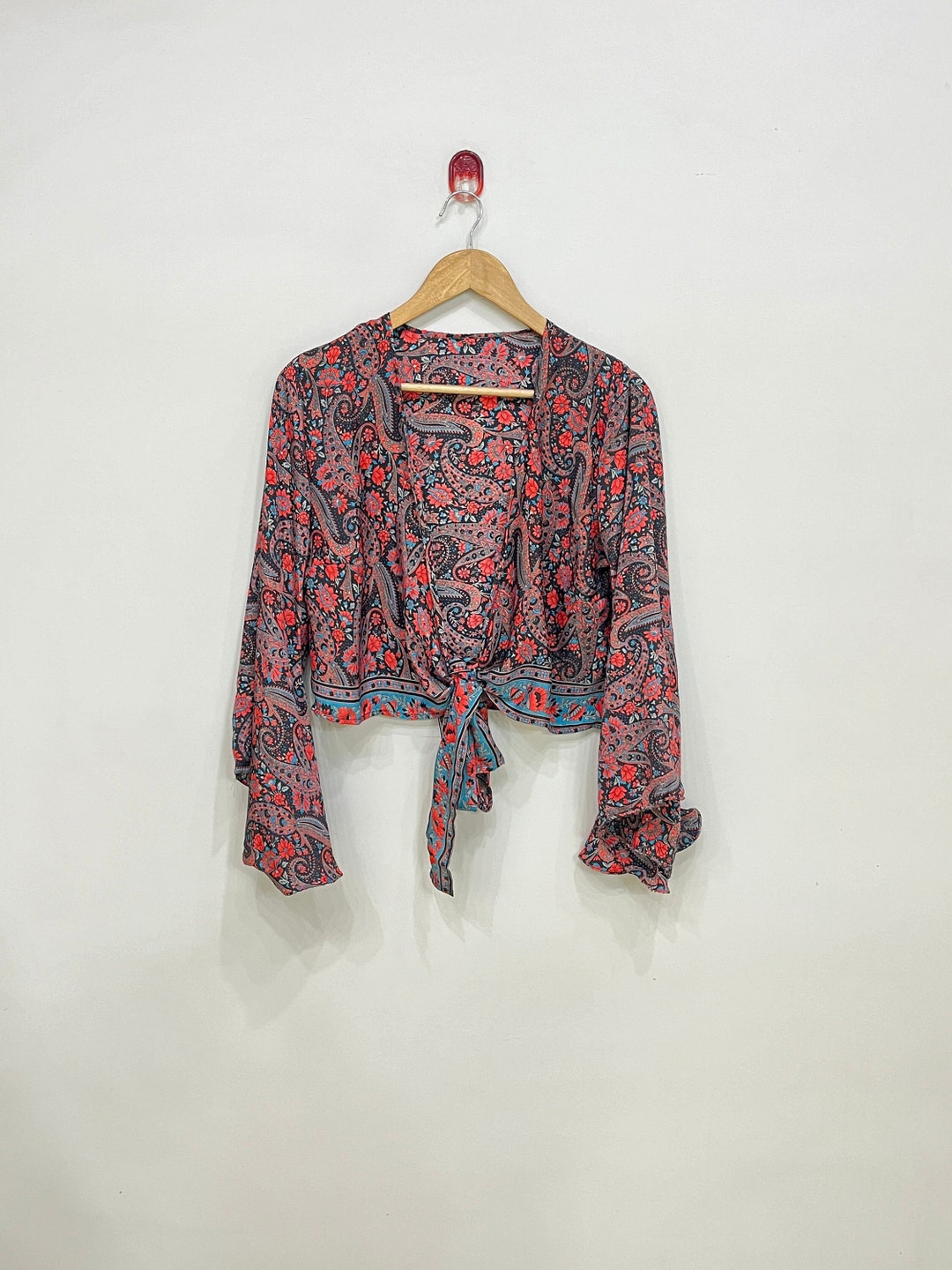 Vintage Style Bell Sleeve Smoky Top Silk Wrap Top Women Wrap Around ...