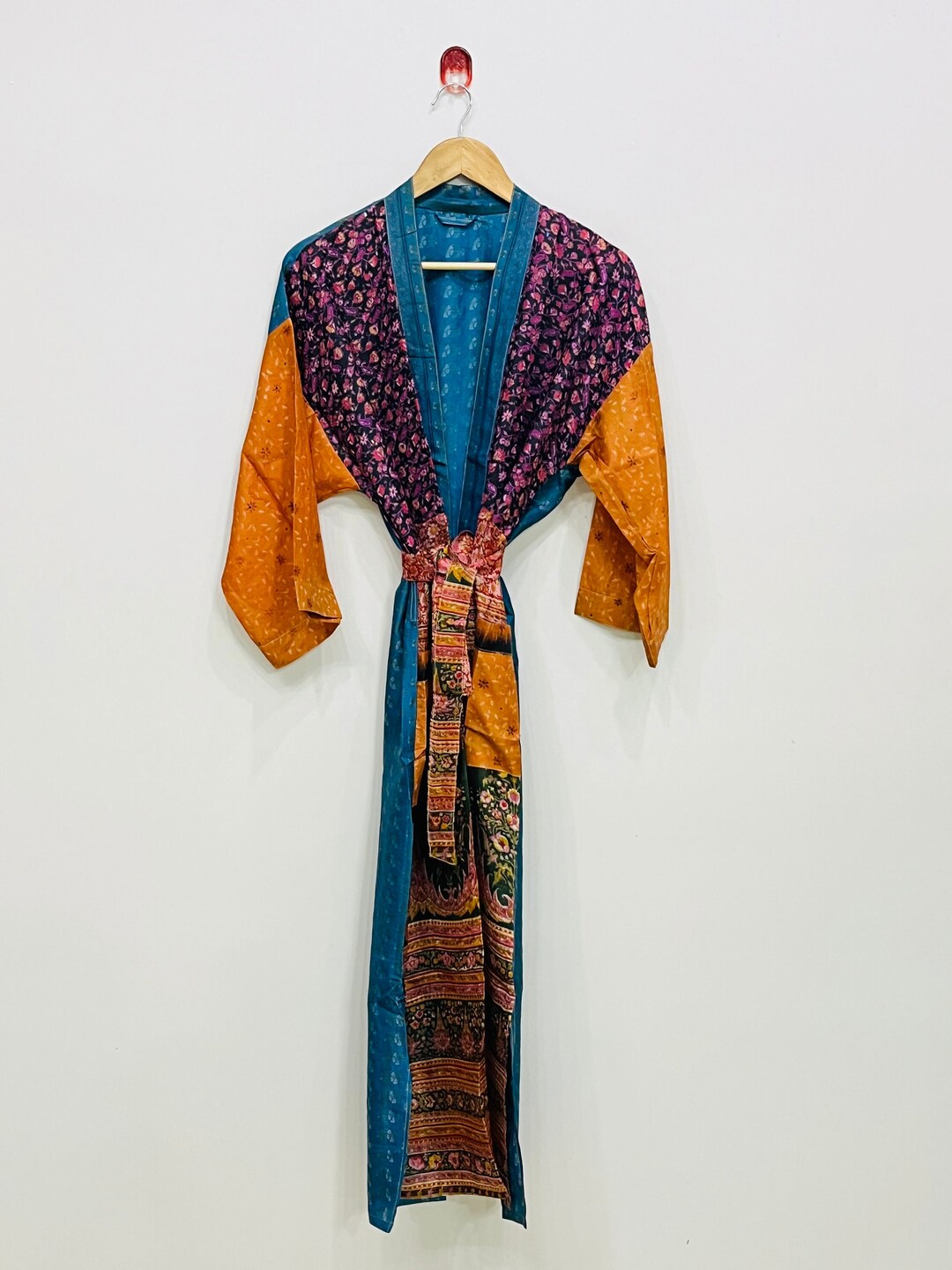 New Trendy Patchwork Silk Kimono, Plus Size Dressing Gown, Handmade ...