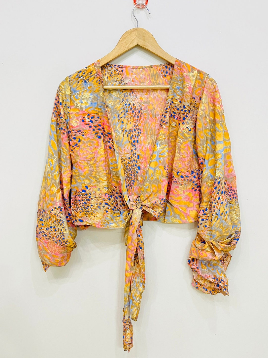 Silk Floral Printed Tie Top, Boho Crop Top, Bohemian Bell Sleeves ...