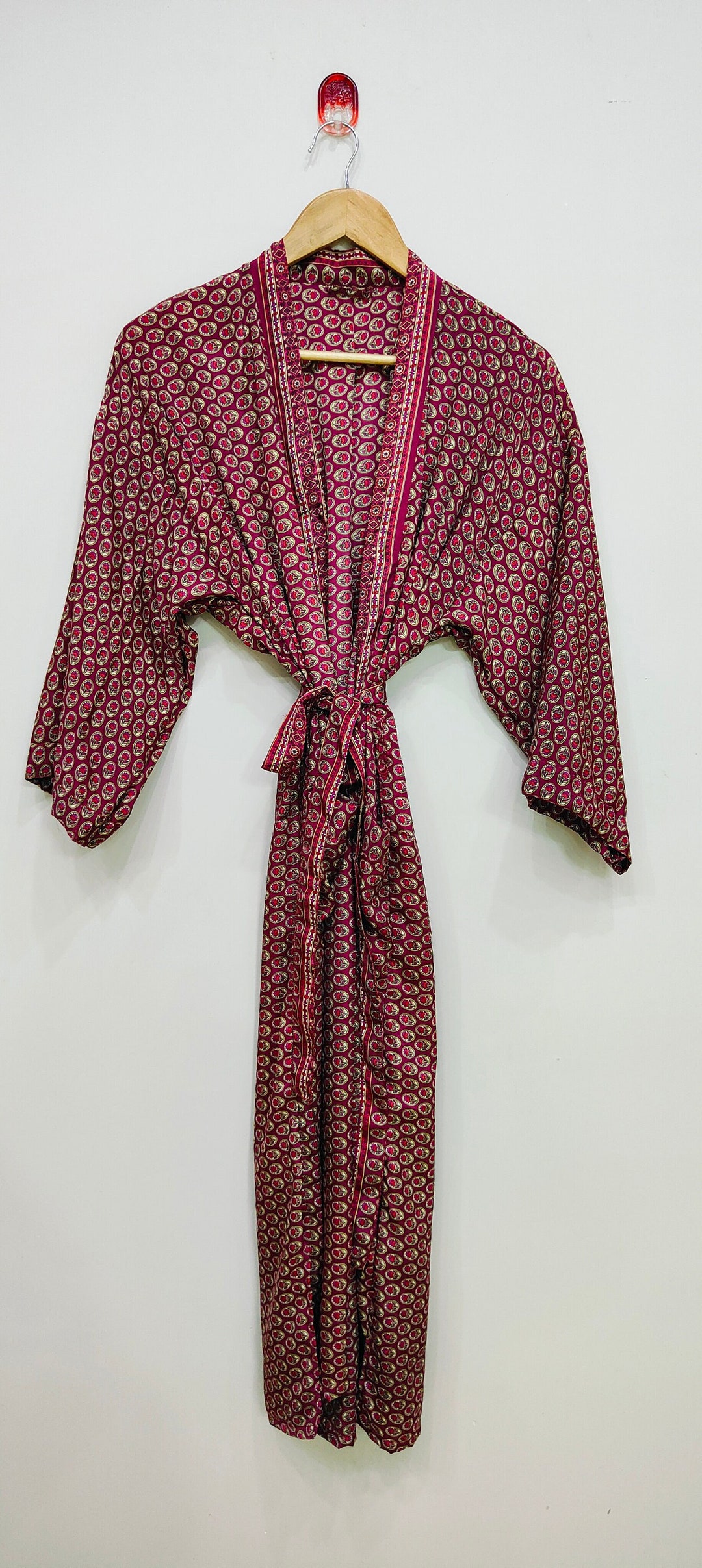 Boho Silk Kimono Robe, Long Lounge Dressing Gown, Silk Bathrobe, Women ...