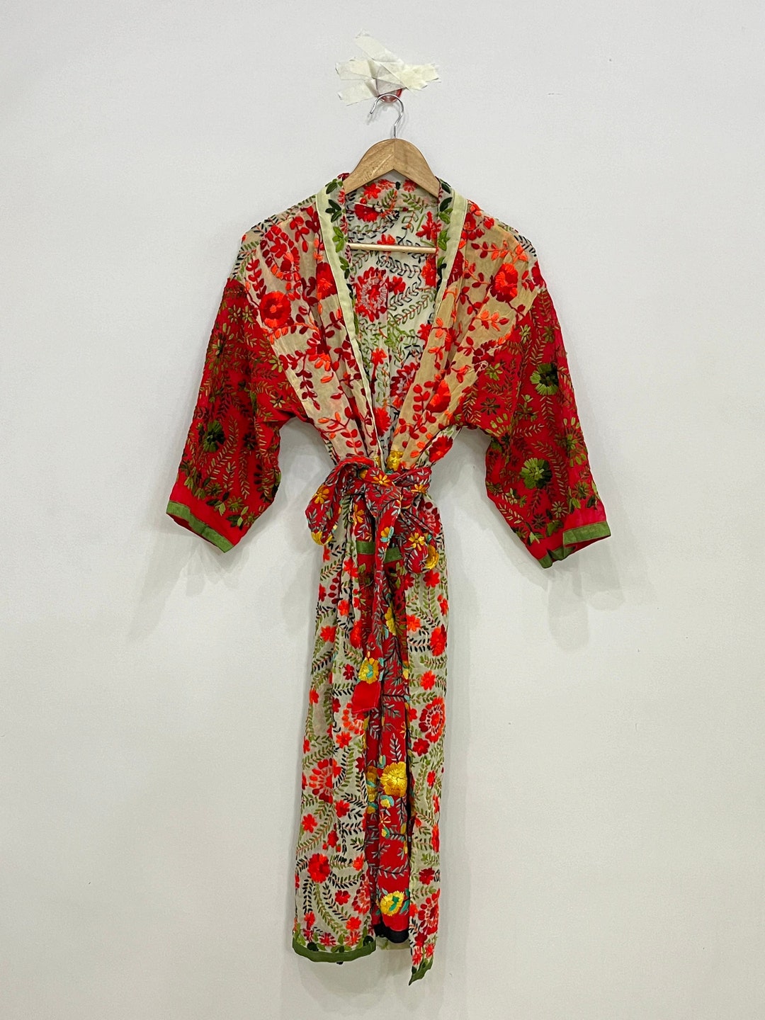 Women Wear Long Phulkari Kimono Robe, Embroidery Work Kimono Jacket ...