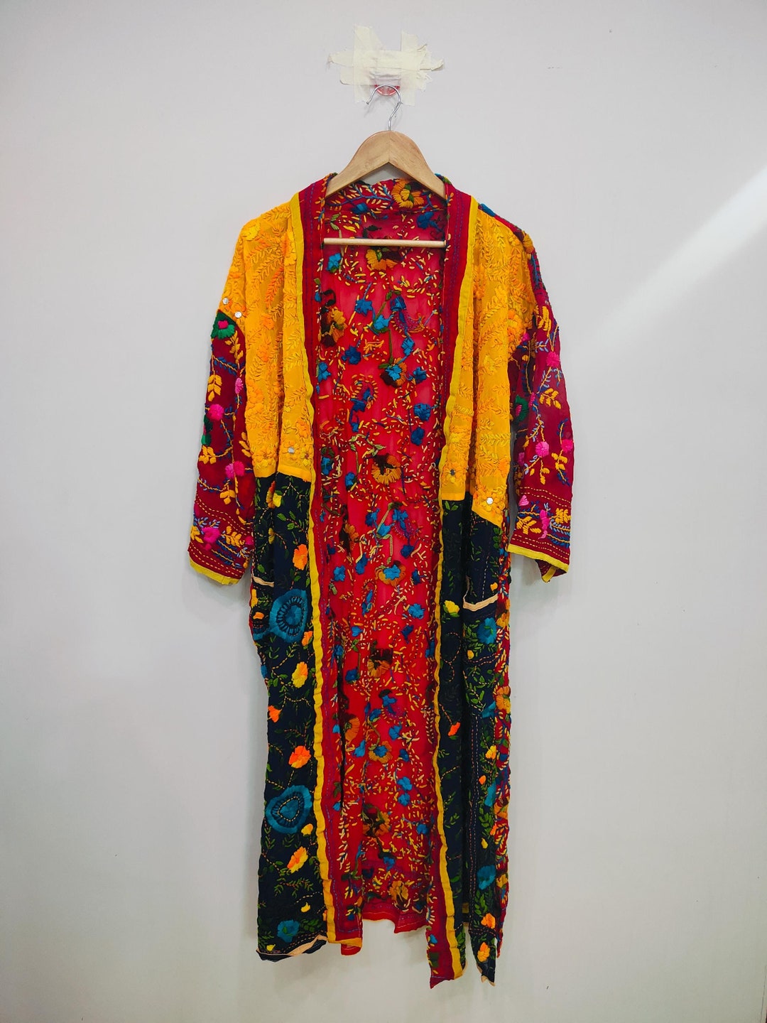 Phulkari Kimono Duster, Embroidery Long Kimono for Women, Thread Work ...