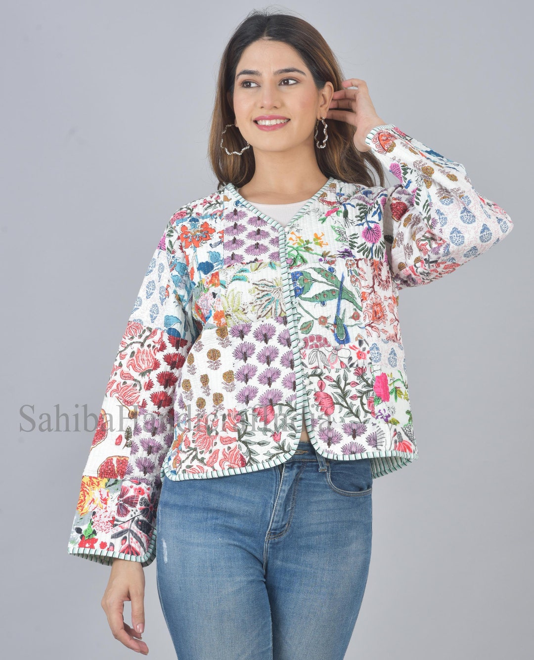 White Color Reversible Patchwork Jacket, Womens Winter Coat, Handmade ...