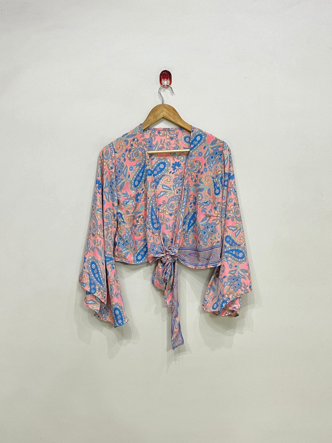 Silk Top, Crop Top, Tie Front Top, Bell Sleeve Top, Recycled Silk Sari ...